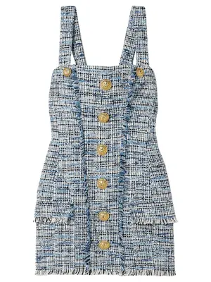 Balmain Button-embellished Frayed Tweed Mini Dress - Blue