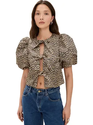 English Factory Bow Detailed Leopard Print Top - Brown