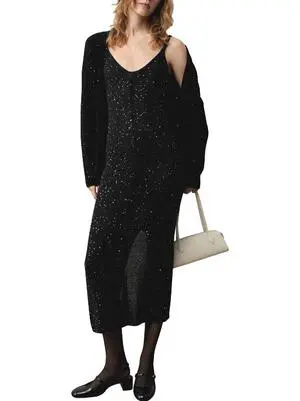 Mango Sequin Detail Knit Midi Dress - Black