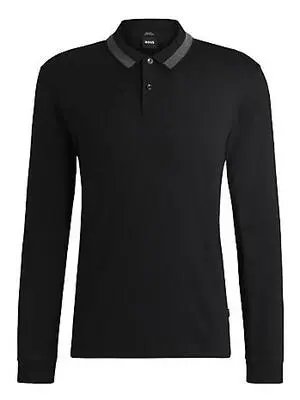 BOSS Striped-trim Long-sleeved Cotton-jersey Polo Shirt - Black