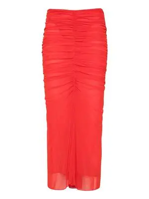 MUGLER Mugler Ruched Mesh Midi Skirt Red