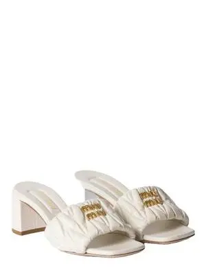 Miu Miu Matelassé Leather Block Heel Slide Sandals - Bianco