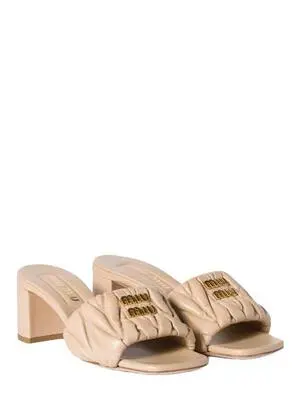 Miu Miu Matelassé Leather Block Heel Slide Sandals - Sabbia