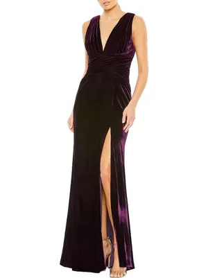 Mac Duggal Velvet Pleated Sleeveless Gown - Amethyst