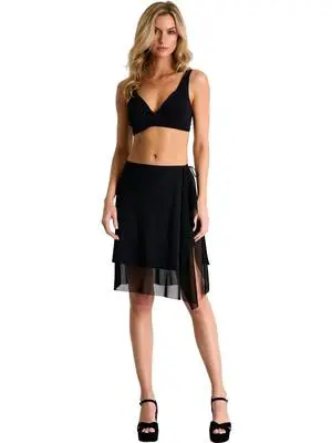 Shan Ruffle Mesh Wrap Pareo Skirt - Black