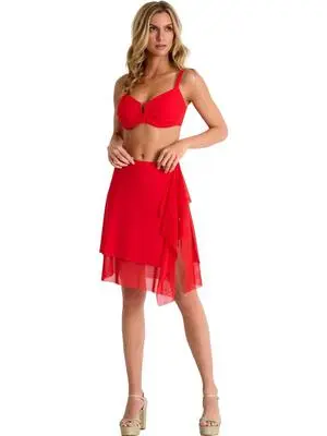 Shan Ruffle Mesh Wrap Pareo Skirt - Red