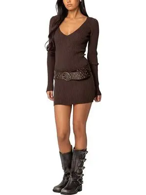 EDIKTED Ribbed Knit Mini Dress - Brown