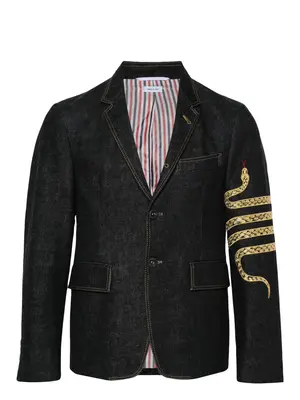 Thom Browne 4-bar Snake-embroidered Denim Blazer - Blue