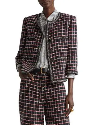 St. John Windowpane Check Tweed Crop Jacket - Black/ Haute Red/ Pearl Multi