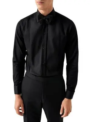 Eton Slim Fit Solid Organic Cotton Plissé Tuxedo Shirt - Black