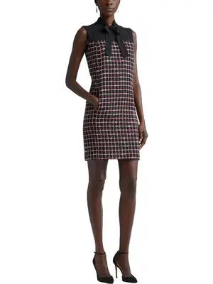 St. John Windowpane Tweed Sheath Dress - Black/ Haute Red/ Pearl Multi