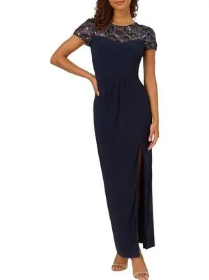 Adrianna Papell Sequin & Bead Yoke Jersey Column Gown - Midnight