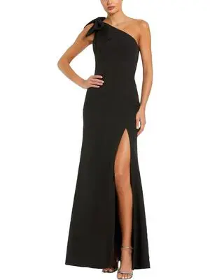 Mac Duggal Crepe One-shoulder Gown With Bow - Black