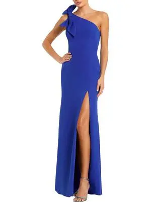 Mac Duggal Crepe One-shoulder Gown With Bow - Royal Blue