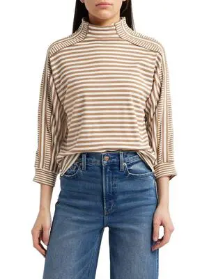 Wit & Wisdom Stripe Mock Neck Rib Top - Camel/off White