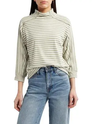 Wit & Wisdom Stripe Mock Neck Rib Top Sage/off White