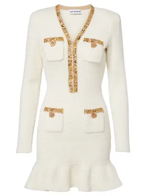 SELF-PORTRAIT Embellished Knitted Minidress - White