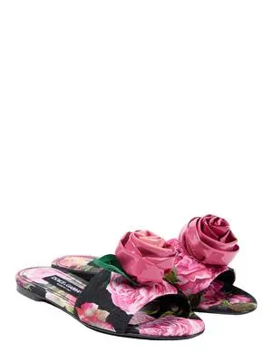 Dolce & Gabbana Floral-appliqué Brocade Slides - Black