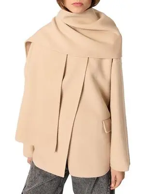 Maje Double-faced Coat With Scarf - Beige