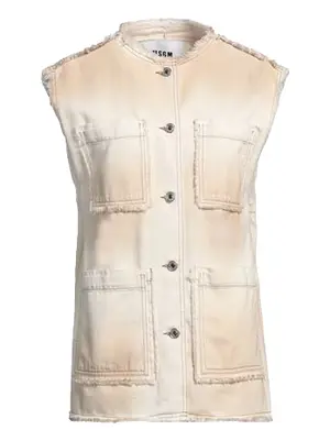 MSGM Denim Outerwear Cotton Vest With Fringes - Beige