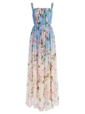 Oscar De La Renta Pleated Floral Silk Gown - Light Blue