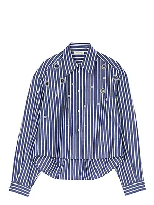 Sandro Striped Rhinestone-embellished Cotton Shirt - Bleus
