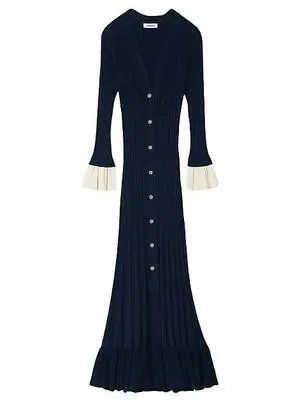Sandro V-neck Knit Midi Dress - Navy Blue