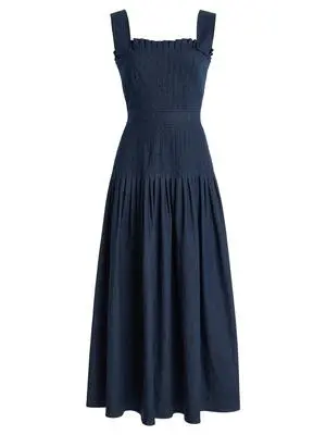 Carolina Herrera Pleated Cotton Chambray Twill Midi Dress - Navy