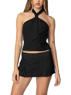 EDIKTED Karine Pinstripe Halter Top - Black