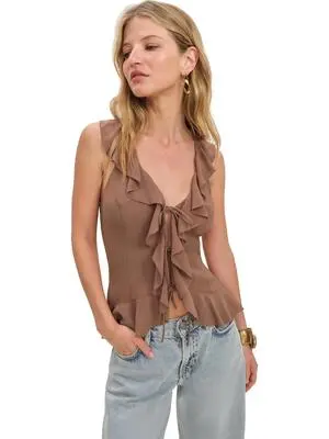 REFORMATION Paulette Top Sleeveless V-neck With Front Ties And Ruffle Trim - Brown
