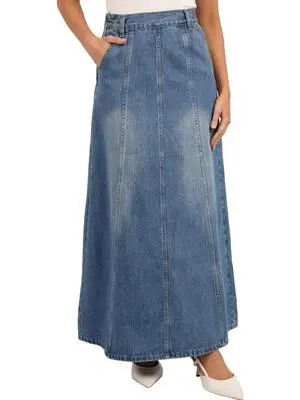 PETAL & PUP Gwen Paneled Denim Maxi Skirt - Mid Wash Denim