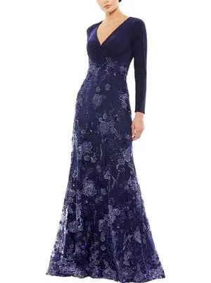 Mac Duggal Embellished Long Sleeve Wrap Trumpet Gown - Midnight