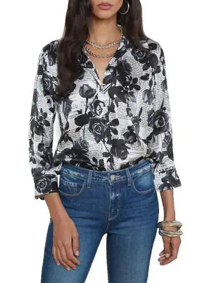 L'Agence Dani Floral Silk Charmeuse Blouse - White/black Rose Newspaper