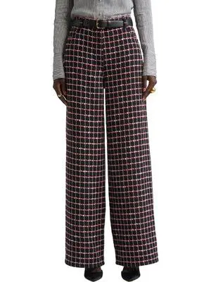 St. John Windowpane Check Tweed Wide Leg Pants - Black/ Haute Red/ Pearl Multi