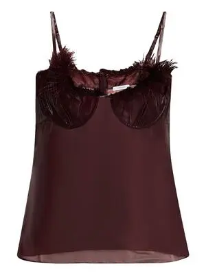 FERRAGAMO Feather-trimmed Bustier Cami - Oxblood