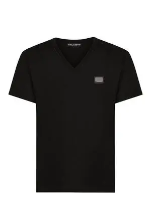 Dolce & Gabbana Cotton V-neck T-shirt With Branded Tag - Black