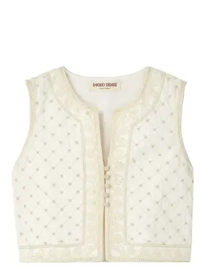 EMPORIO SIRENUSE Clara Palm Bead-embellished Ramie And Linen-blend Vest - White