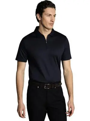 CHARLES TYRWHITT Plain Short Sleeve Zip Jersey Polo - Navy