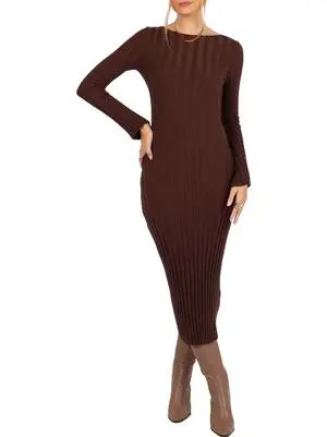 PETAL & PUP Jolene Long Sleeve Rib Maxi Dress - Brown