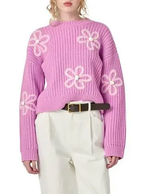English Factory Flower Embroidered Crewneck Sweater - Pink