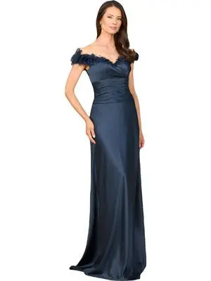 LARA NEW YORK Off Shoulder Satin Gown - Navy