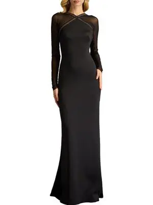 Tadashi Shoji Illusion Long Sleeve Mermaid Gown - Black
