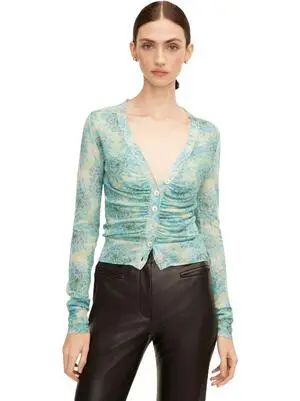 Rebecca Taylor Astera Fleur Ruched Cardigan - Fleur Turquoise Combo