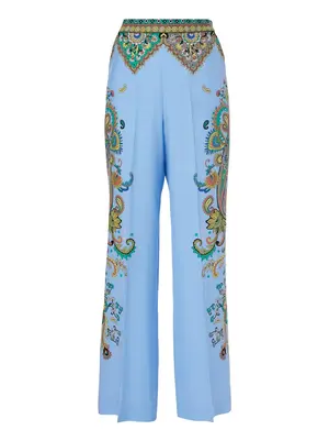 Etro Floral Silk Crêpe De Chine Wide-leg Pants - Blue