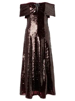 SELF-PORTRAIT Sequined Off-shoulder Midi Dress - Brown