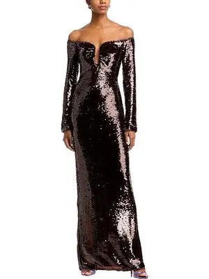 SELF-PORTRAIT Sequin Off-the-shoulder Gown - Brown
