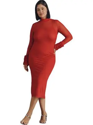 AFRM Ariel Mock-neck Ruffle-cuff Mesh Dress - Red