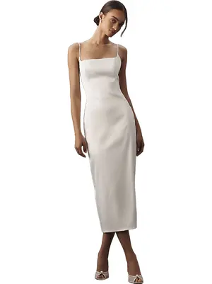 Bhldn Square-neck Satin Midi Dress With Back Slit - White