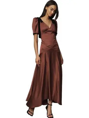 MARE MARE Bree Puff-sleeve V-neck Satin Slip Midi Dress - Brown