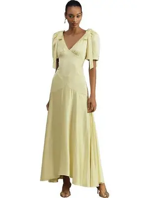 MARE MARE Bree Puff-sleeve V-neck Satin Slip Midi Dress - Light Yellow
